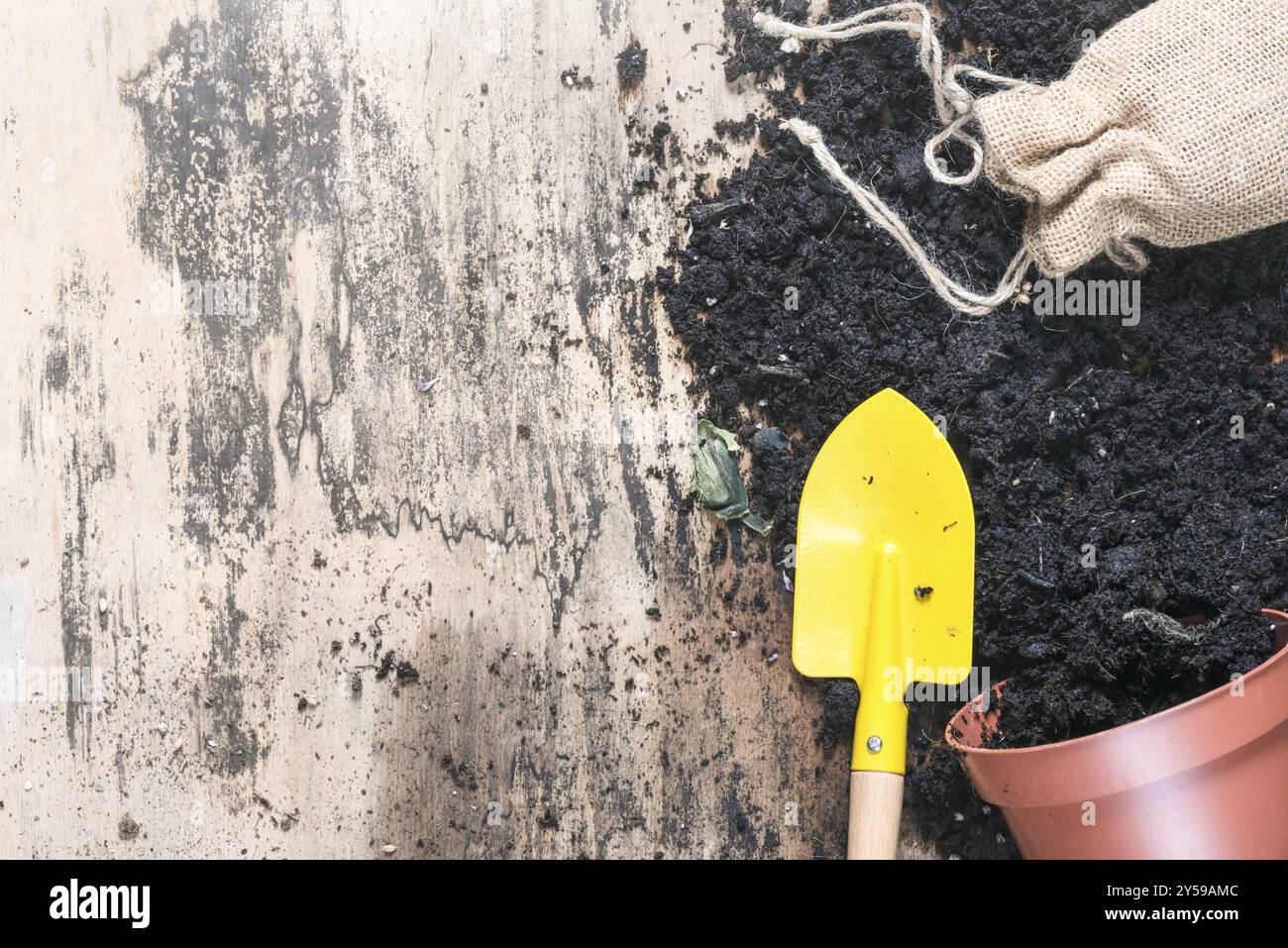 Potting plants in spring concept with a flower pot overturned, full of ...