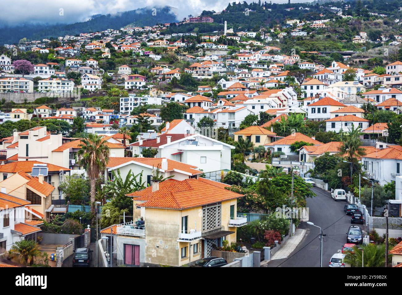 Buildings crowded together on the hills of Funchal in Madeira Stock ...