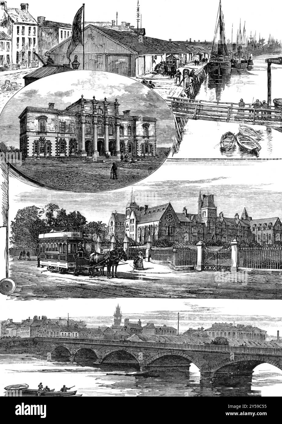 Views from Belfast on engraving from 1800s. From top to bottom: 1) The ...