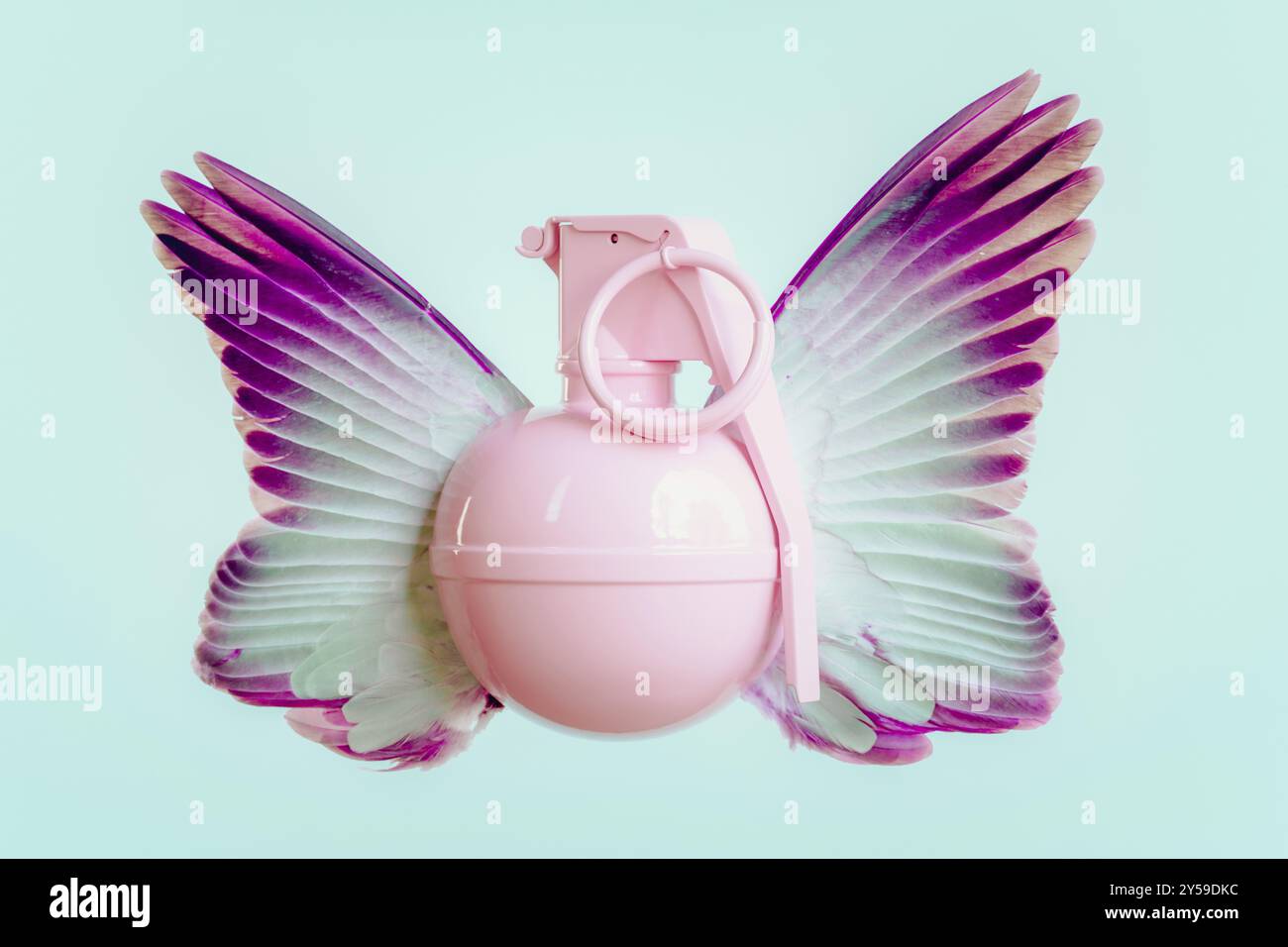 Stylized hand grenade with colorful dove wings as a symbol of peace, 3D ...