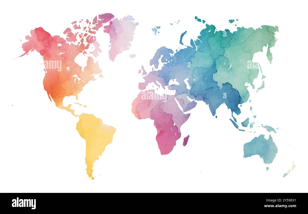 A vibrant watercolor world map showcases various colors blending ...