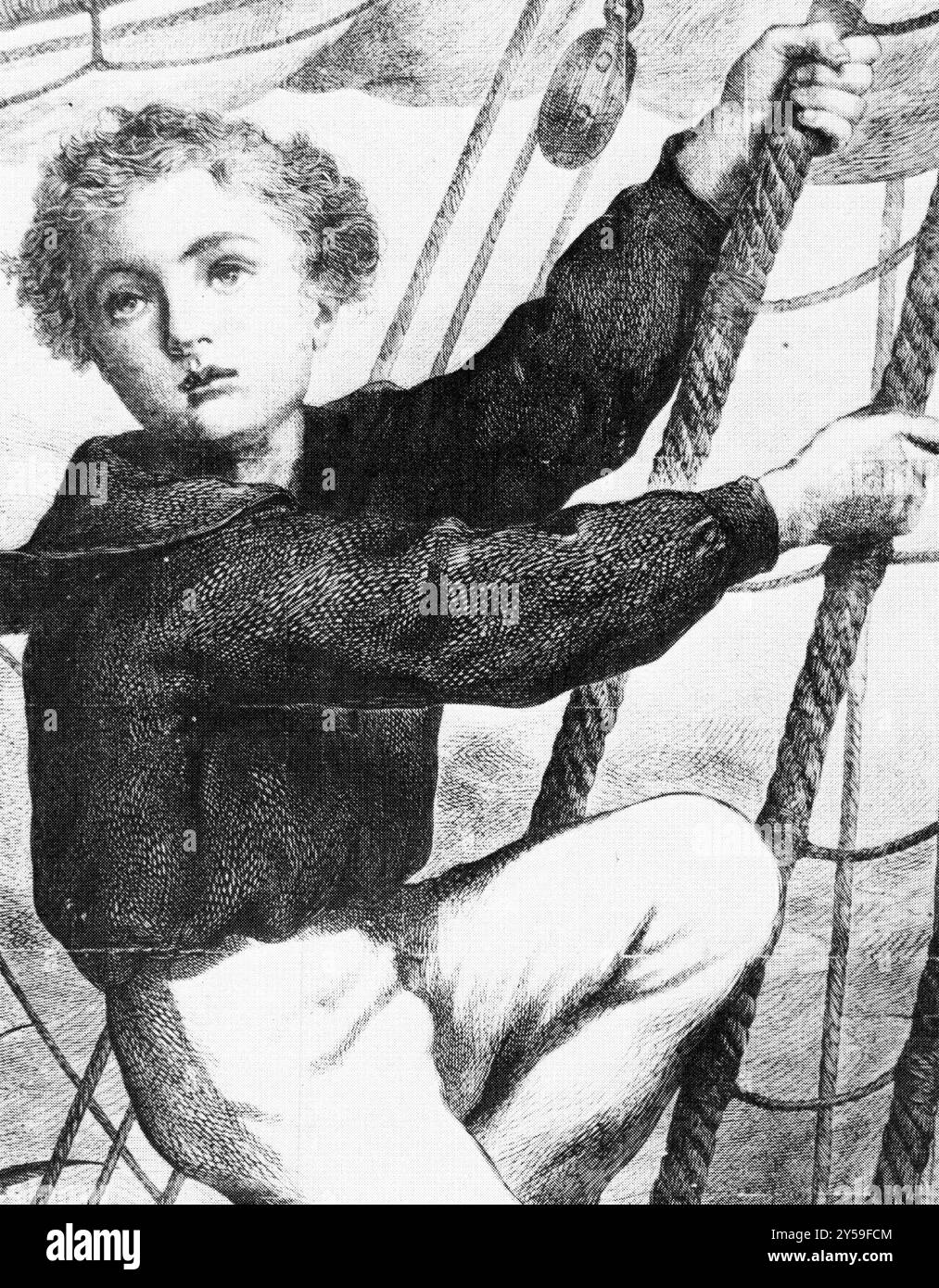 Engraving of a boy climbing the rigging on a sailing ship, circa 1880 ...