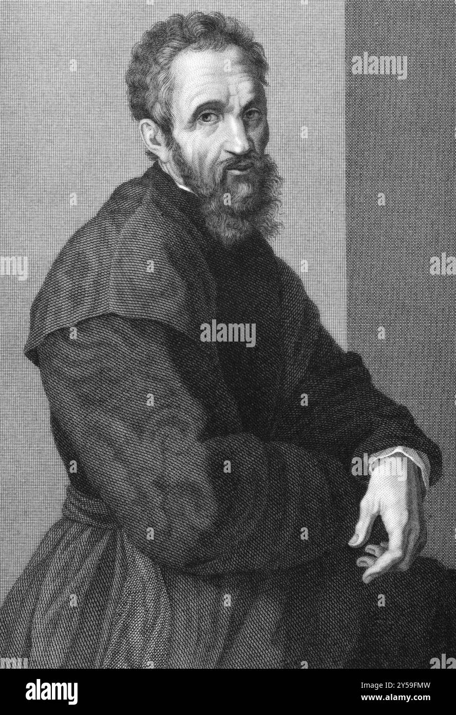 Michelangelo (1475-1564) on copper engraving from 1841. Italian ...
