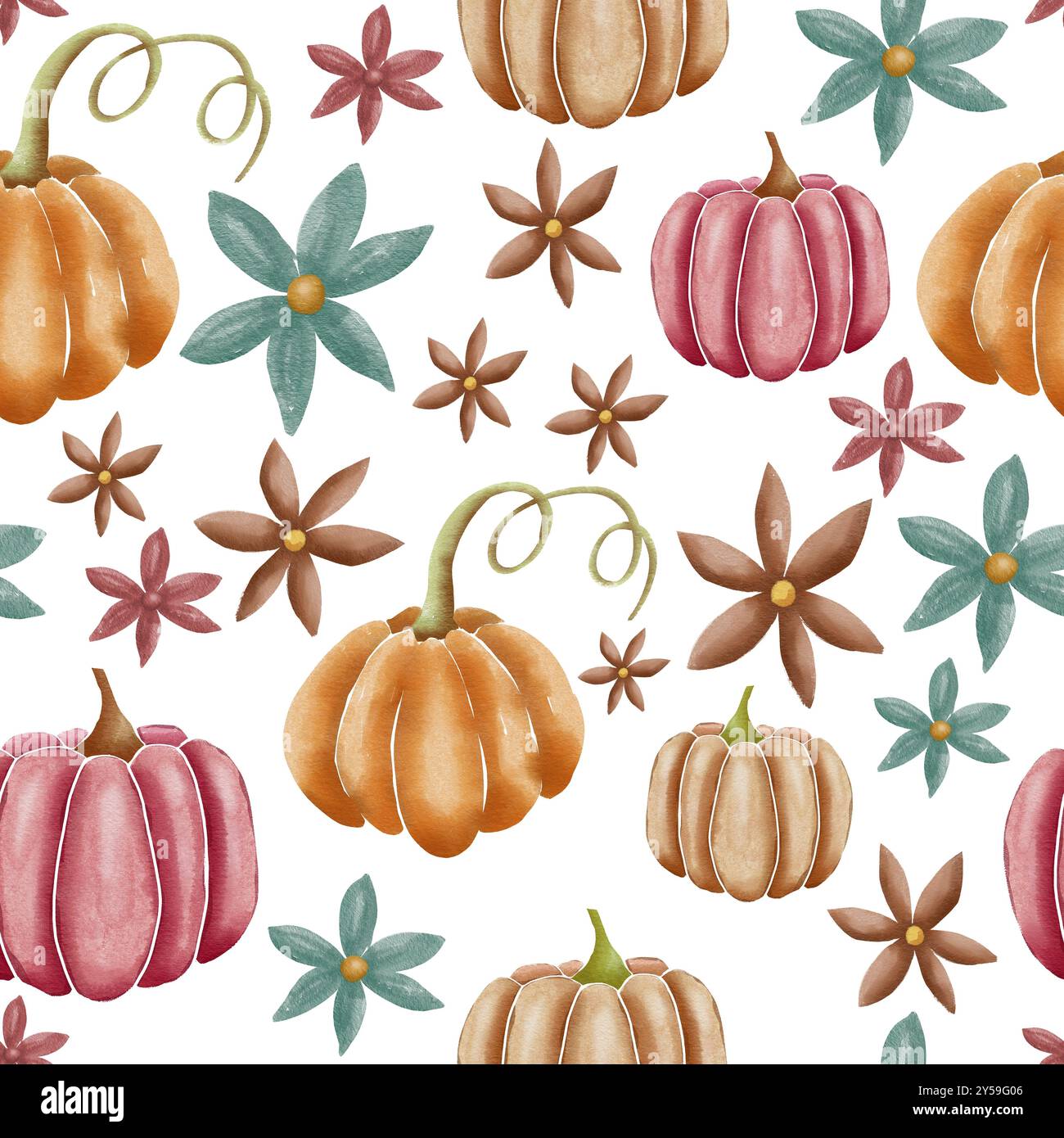 Orange and pink hand drawn watercolor pumpkins with flowers on white, seamless repeating surface ...