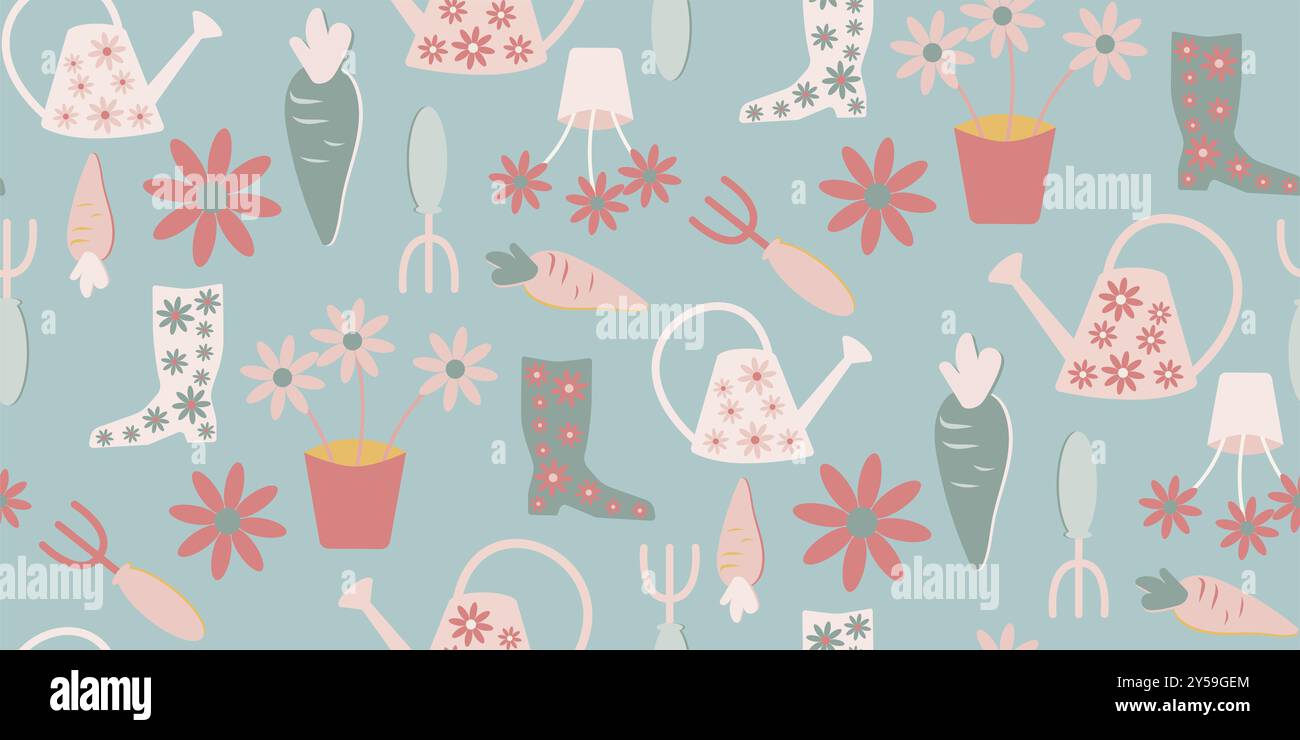 Gardening symbols seamless repeating pattern illustration on light blue ...