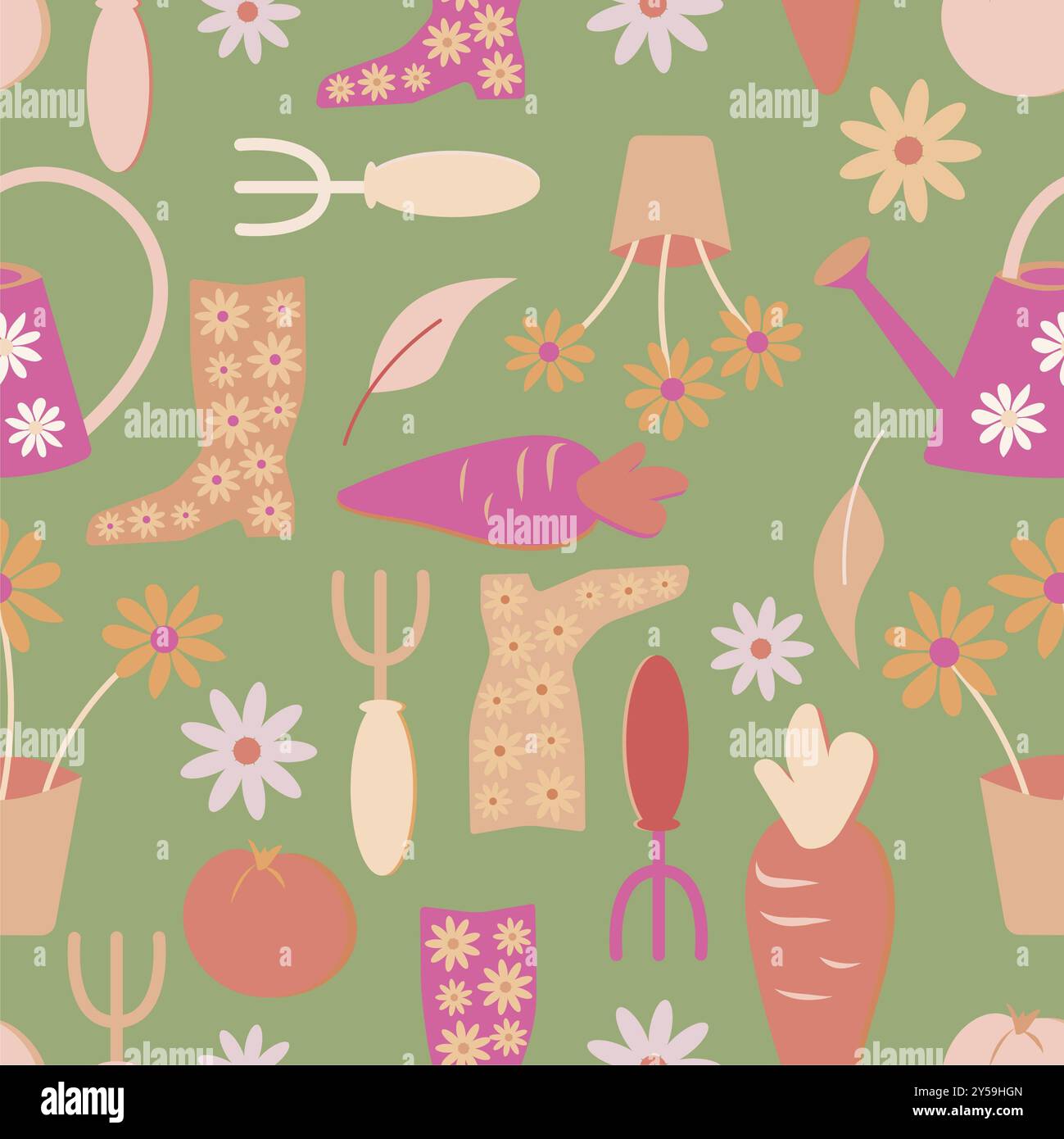 Gardening symbols seamless repeating pattern illustration on green ...