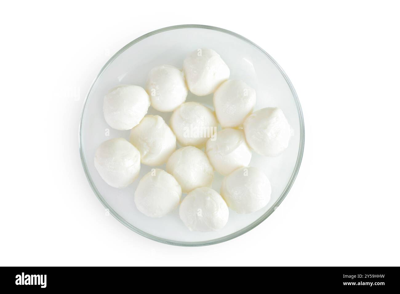 Mini mozzarella balls in a glass bowl isolated on white background with ...