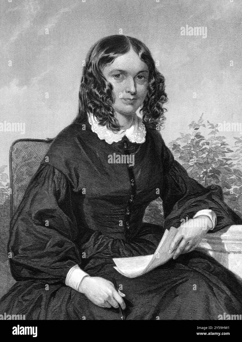 Elizabeth Barrett Browning (1806-1861) on engraving from 1873. One of ...