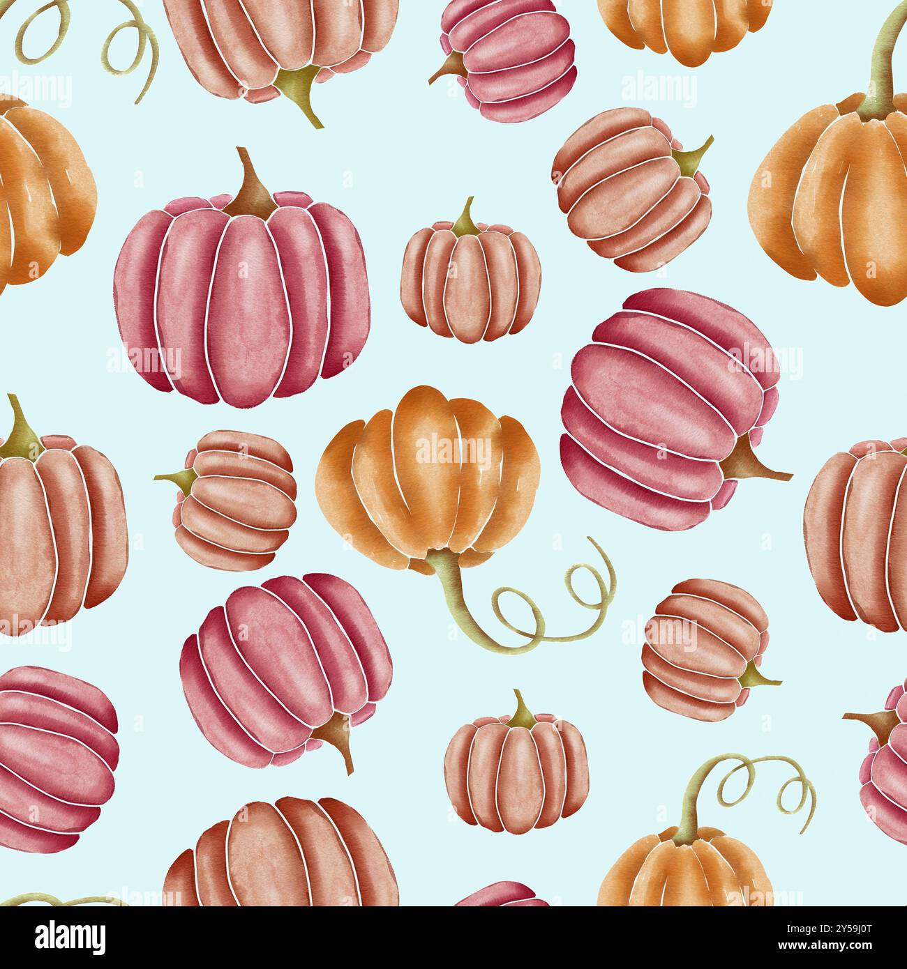 Orange and pink hand drawn watercolor pumpkins on turquoise, seamless repeating surface pattern ...