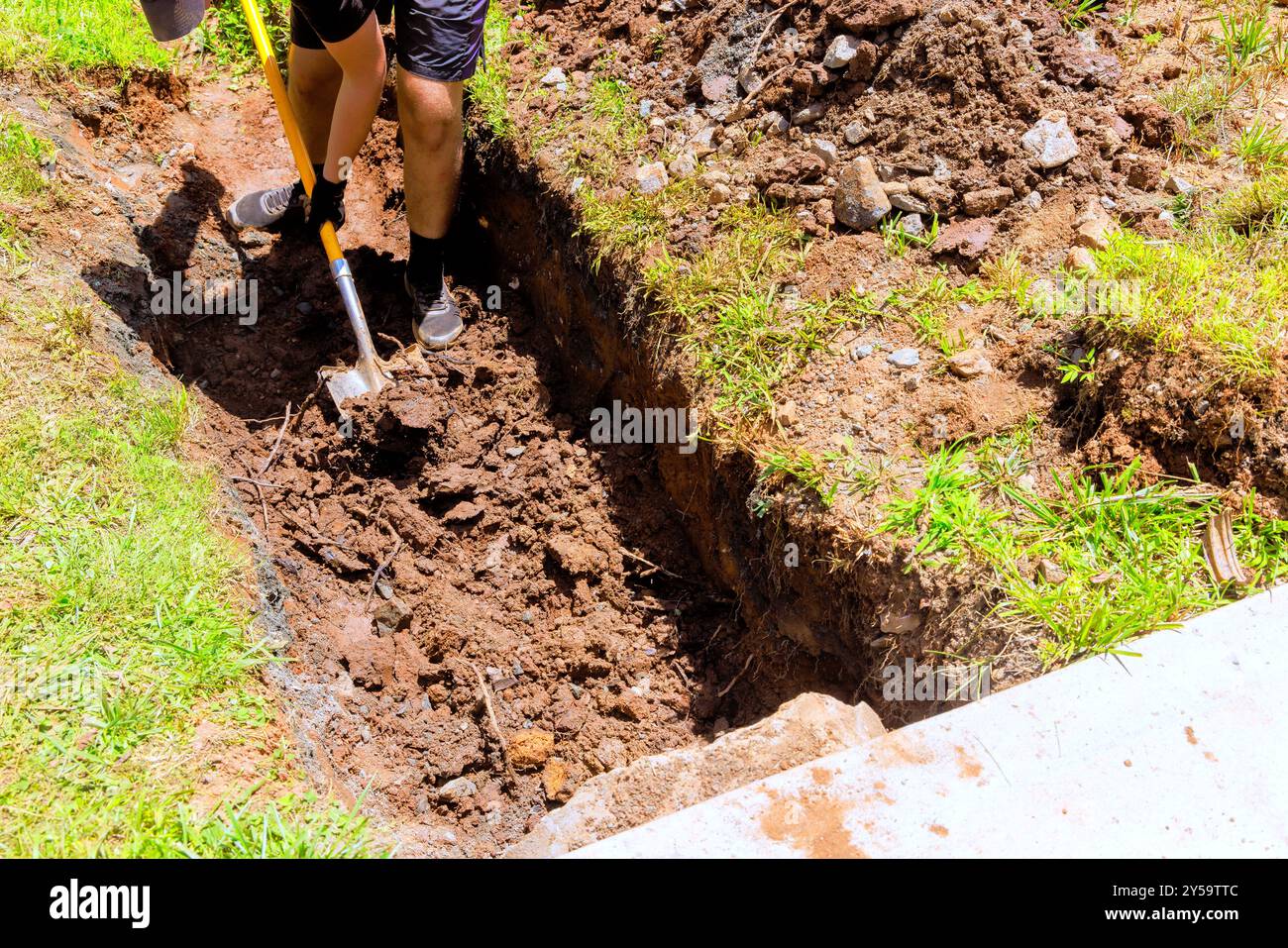 Worker digging trench with shovel for drainage pipe Stock Photo - Alamy