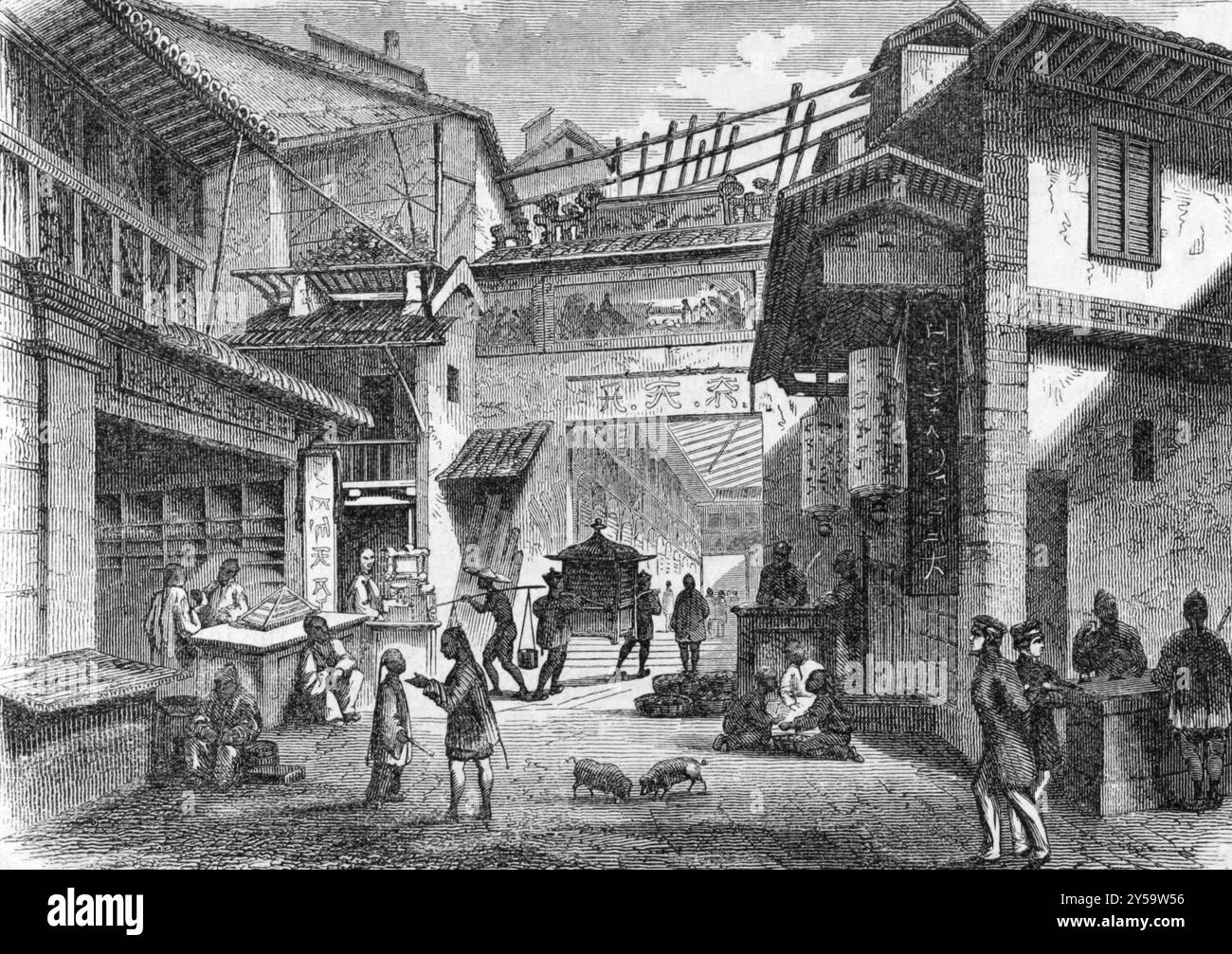 Street in Canton (Guangzhou), China on engraving from 1871. Engraved by ...