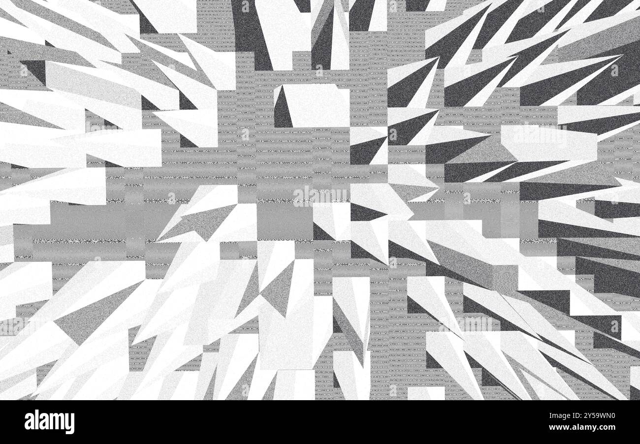 An energetic abstract design, characterized by sharp angles alongside contrasting black and ...