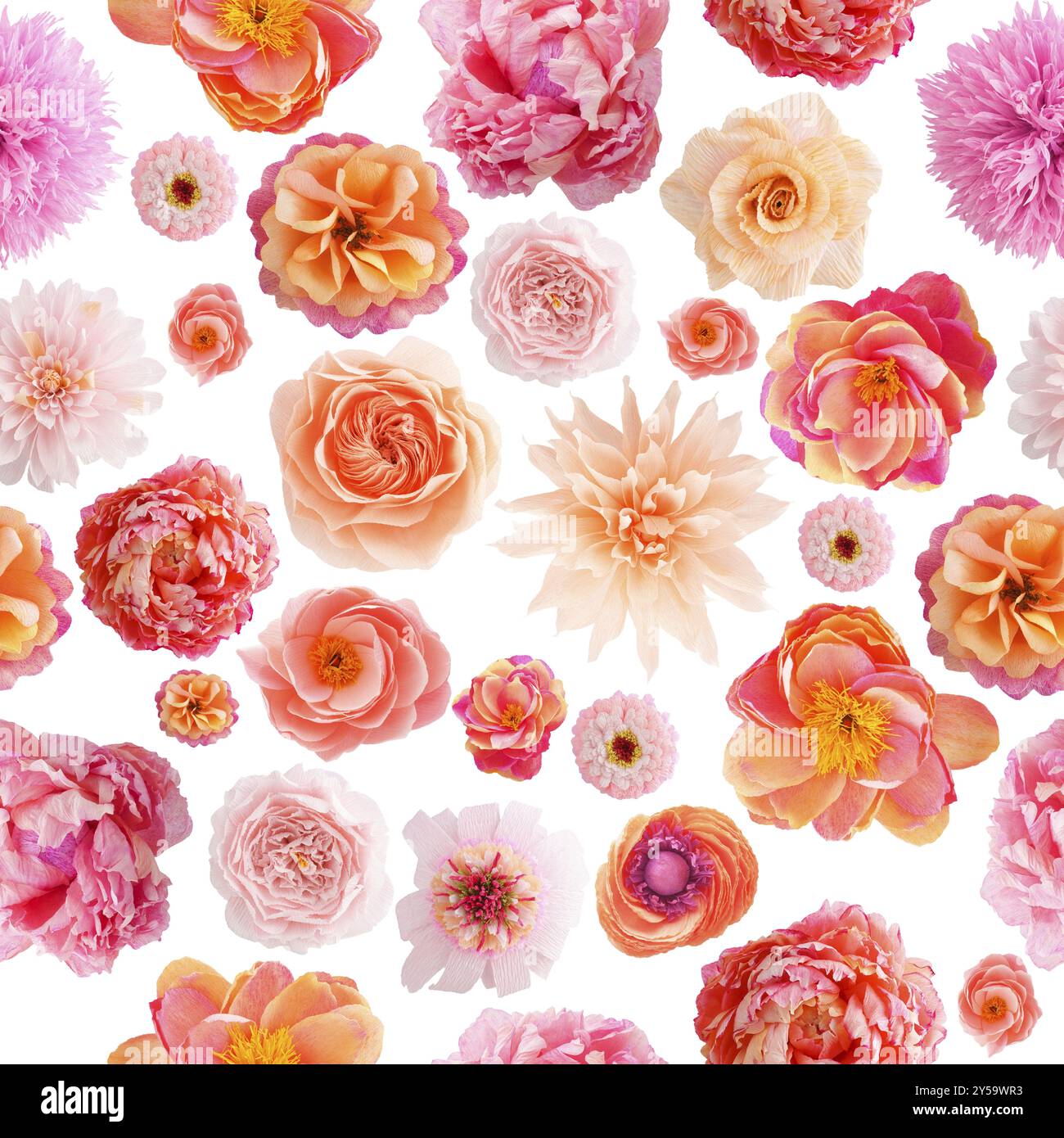 Seamless pattern with handmade crepe paper flowers on white background ...