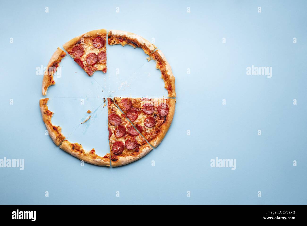 Above view with a delicious homemade pepperoni pizza. Home-baked pizza ...