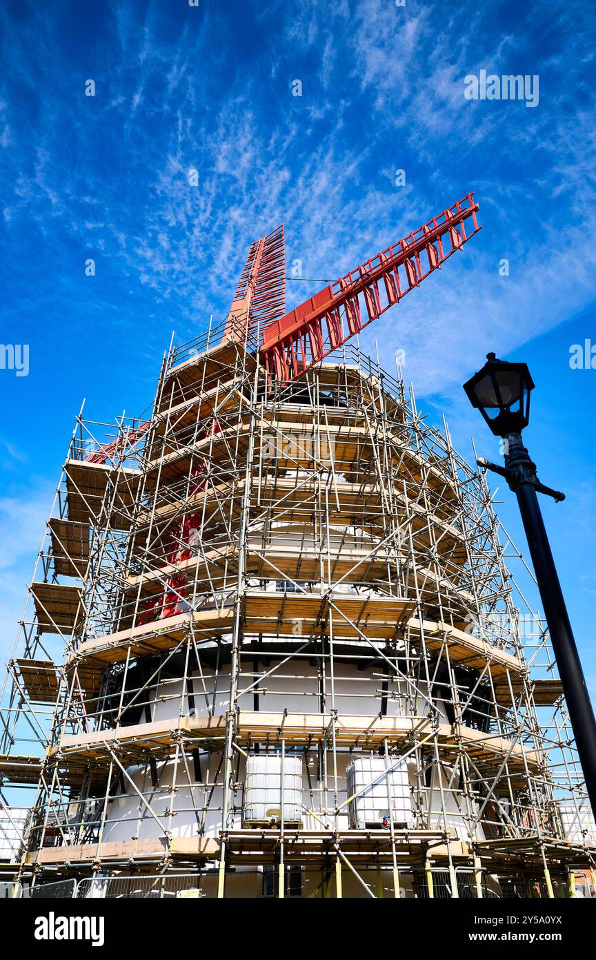 Scaffold covering Marsh Mill windmill in Thornton during maintenance ...