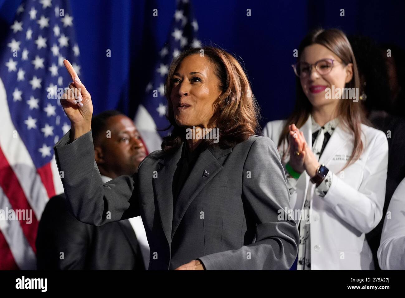 Vice President Kamala Harris gestures as she walks off stage after ...