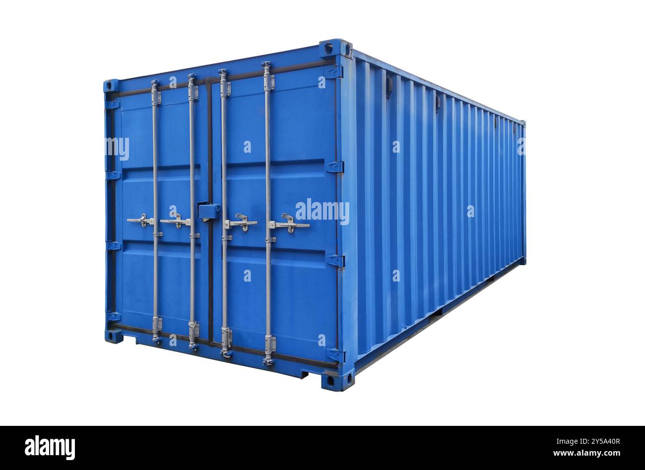 Blue colored metal sea container for the transportation of goods by sea ...