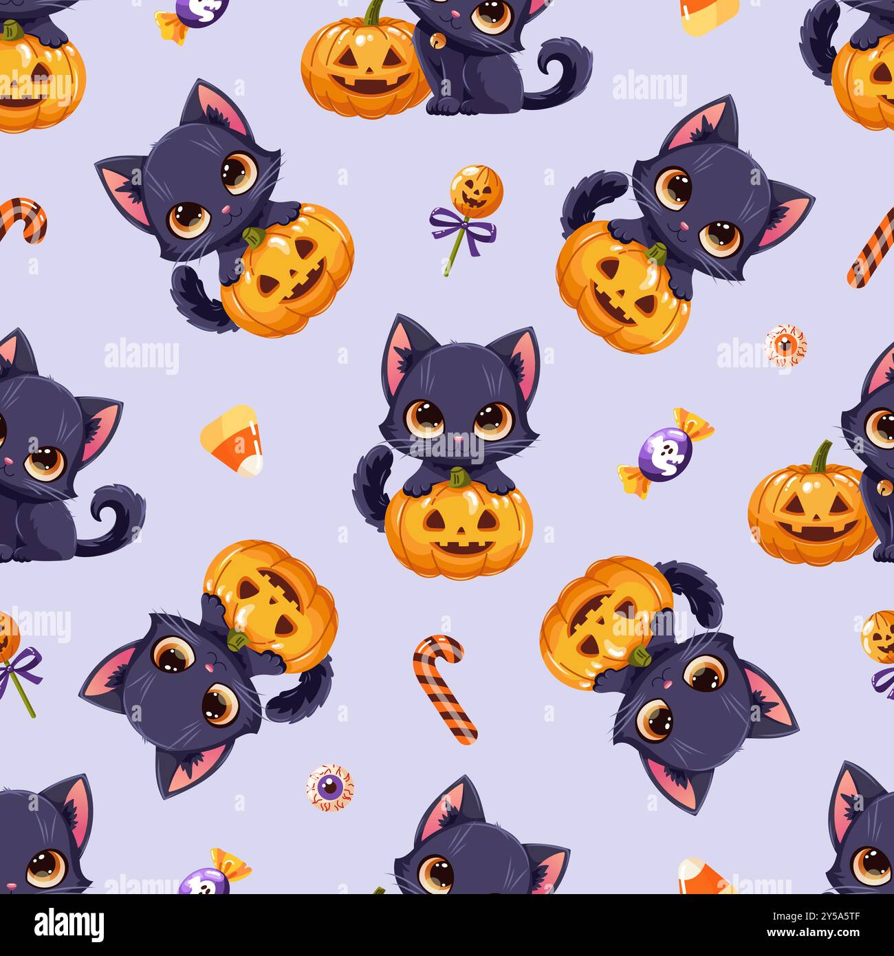 Cute Halloween seamless pattern with adorable black cats playing with ...