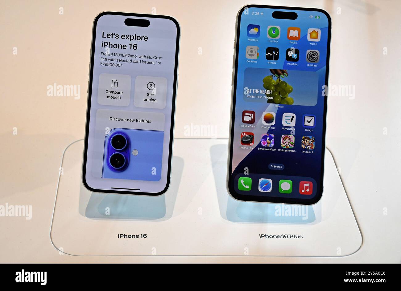 View of iPhone 16 models, which are kept on display at the Apple store ...
