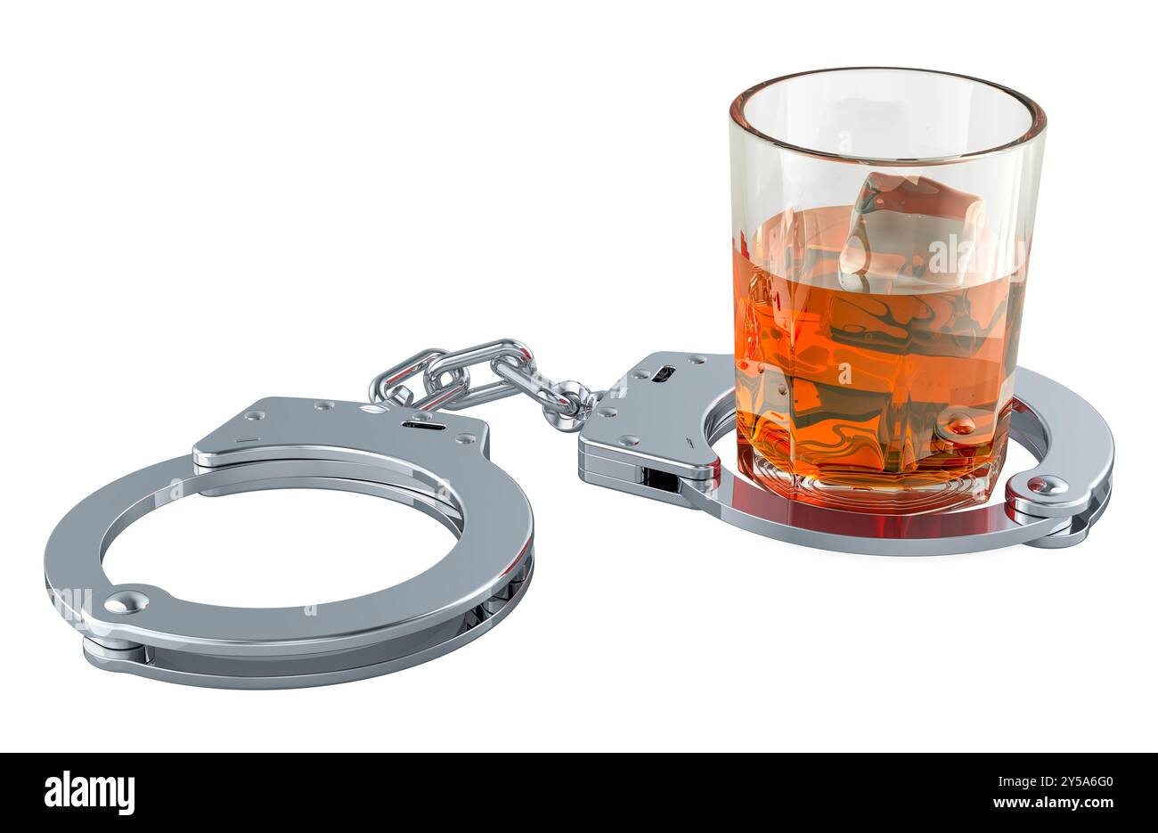 Alcohol addiction, concept. Glass full of alcohol drink with handcuffs ...