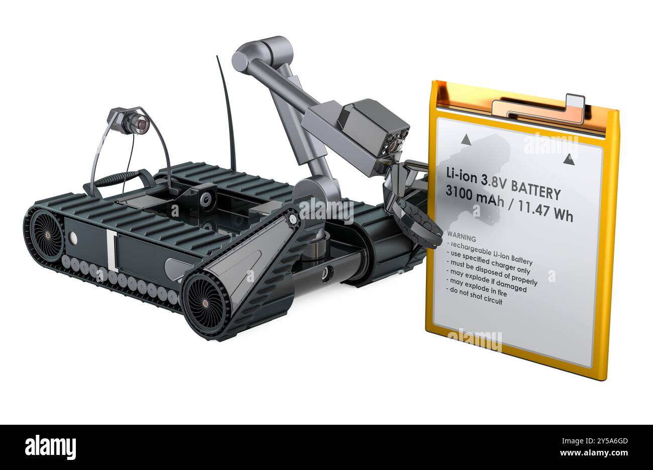 Bomb disposal robot with Cell Phone Battery, 3D rendering isolated on ...