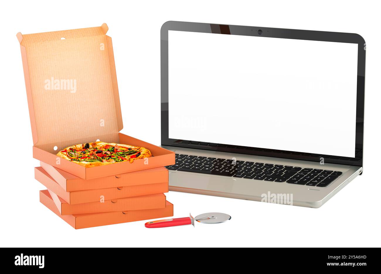 Pizza boxes and laptop with white screen. Order pizza online, concept ...