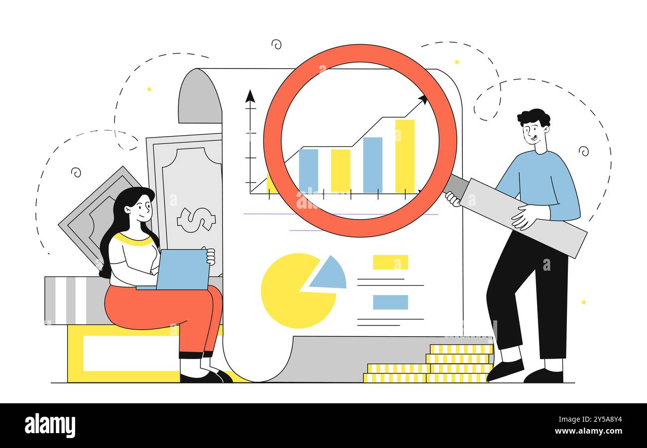 Accountant people with graphs. Woman and man with magnifying glass ...