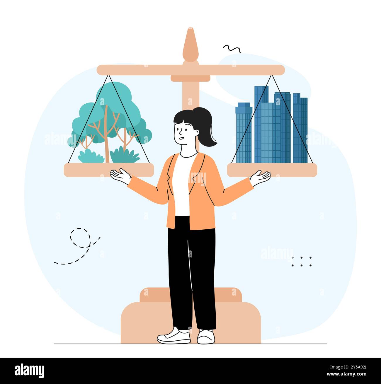 Balance on planet. Woman near scales with trees and skyscrapers. Caring ...