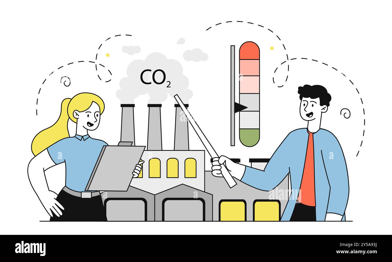 Air pollution index. Man with pointer and woman near plant assess level ...