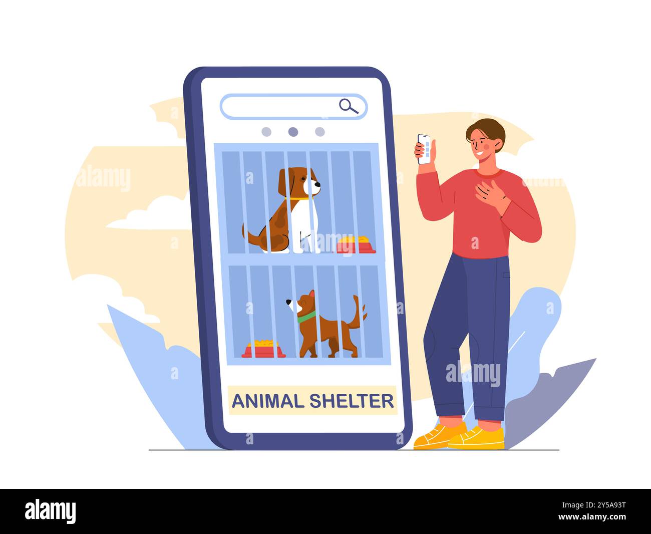 Online animal shelter. Man near huge smartphone with photos of dogs in ...