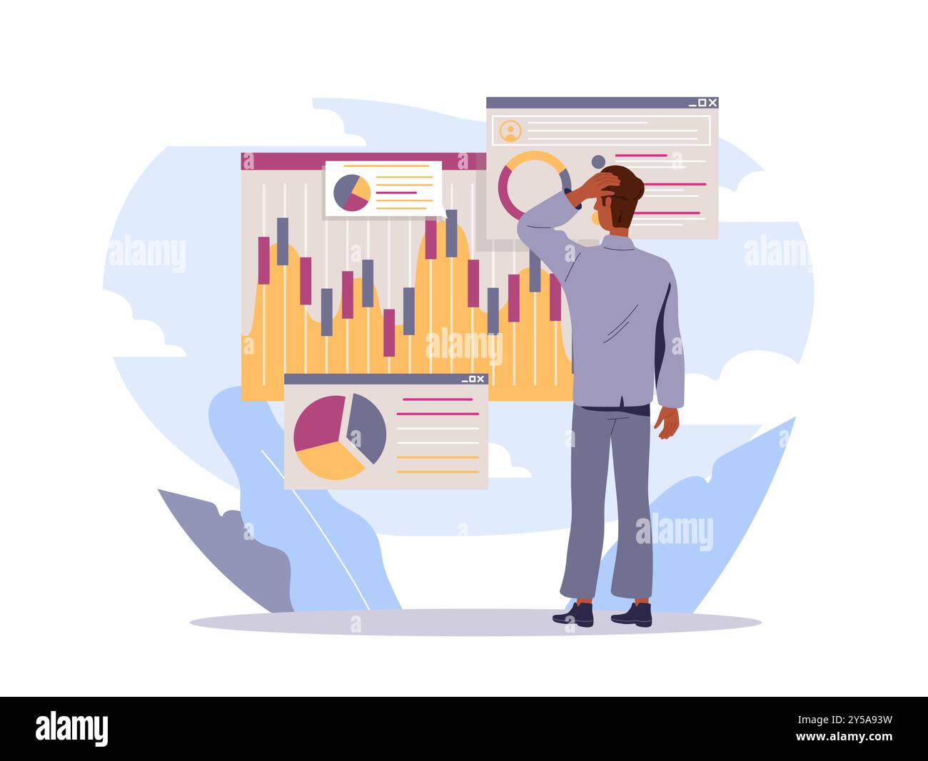 Business analysis man. Young guy near infographic. Statistics and data ...