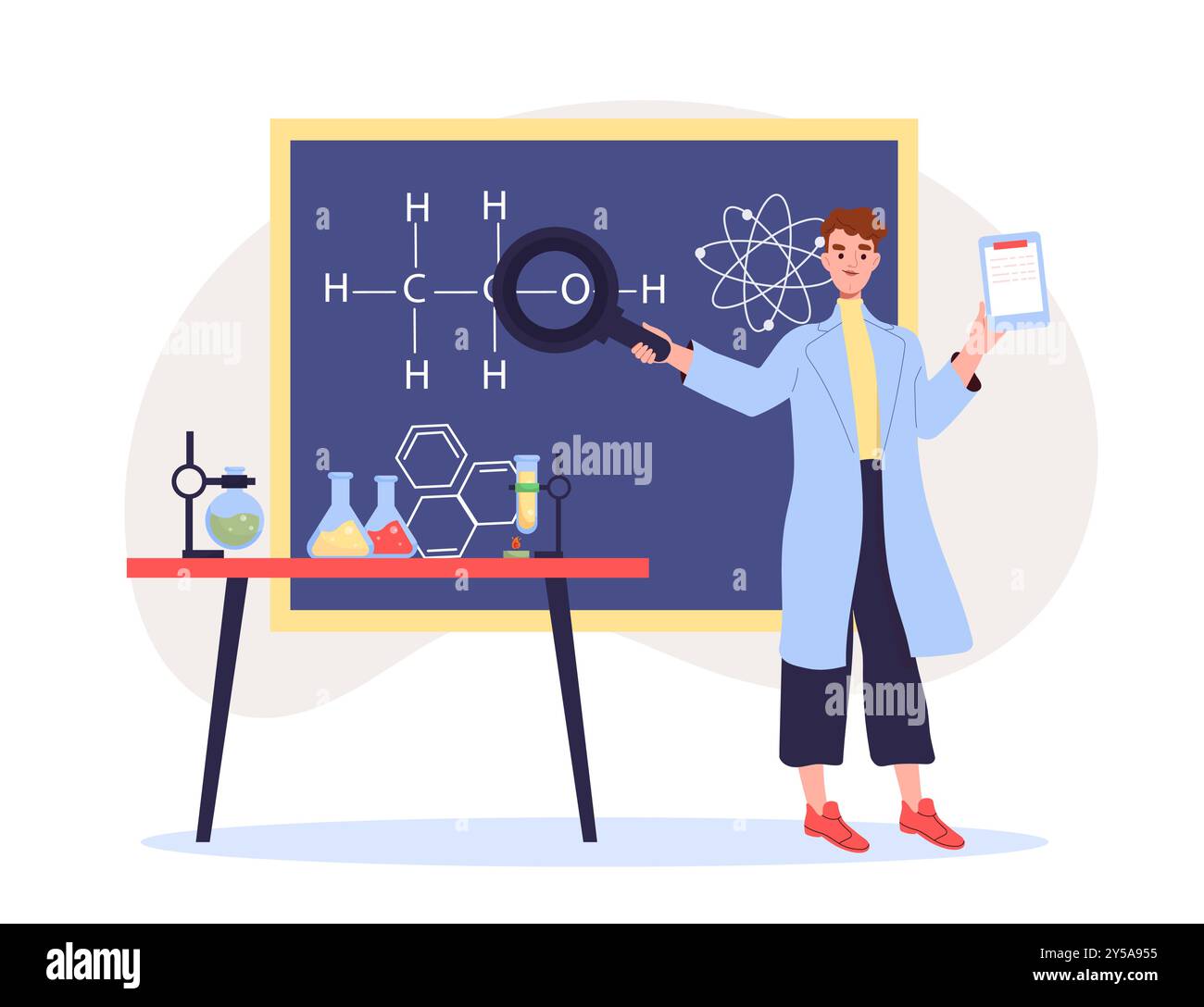 Chemistry teacher concept. Man in medical gown stands near board with ...