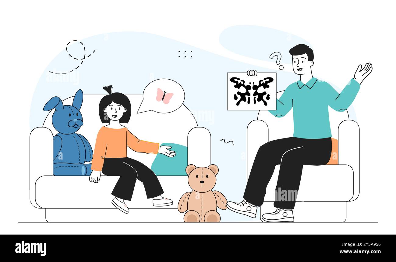 Child psychologist with girl. Man shows girl Rorschach test. Mental and ...