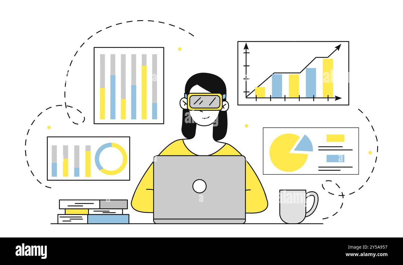 Woman in augmented reality. Young girl with laptop analyzes graphs and charts in virtual reality ...