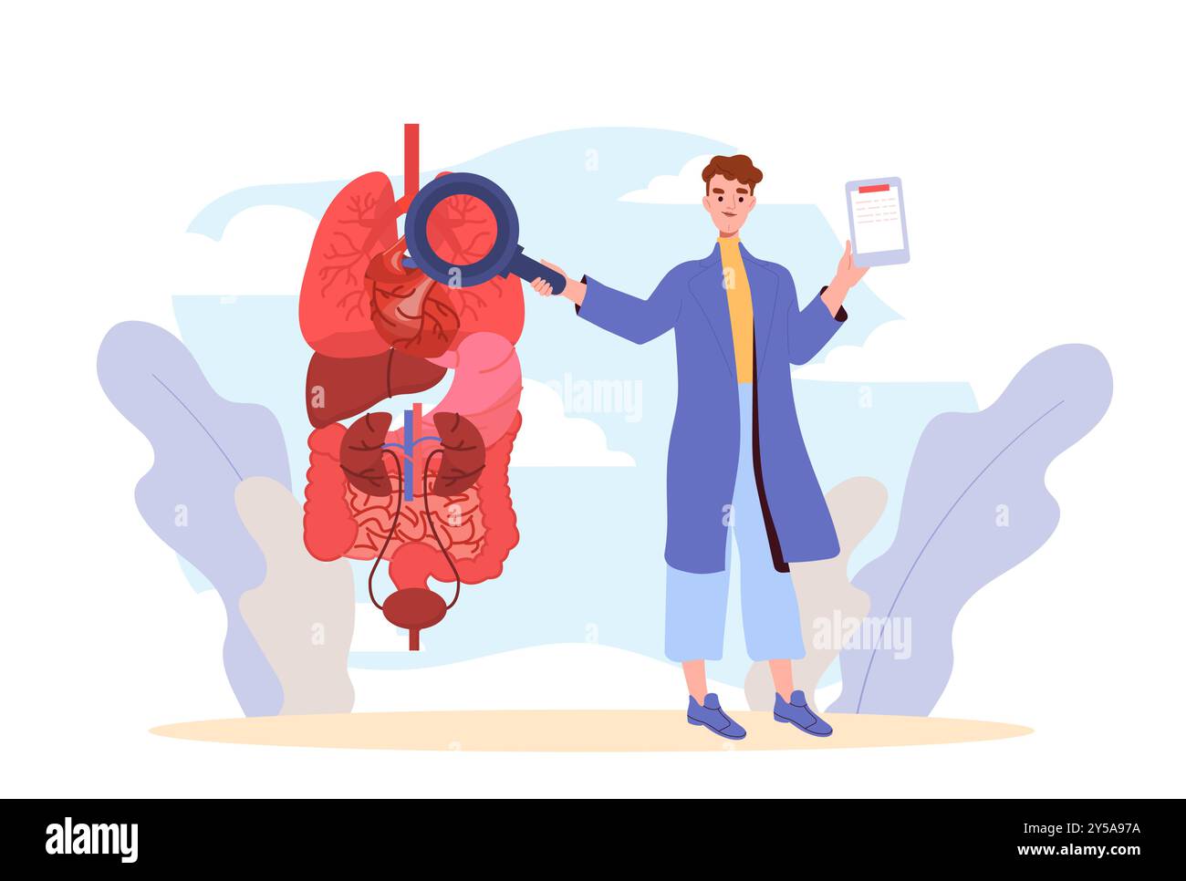 Doctor check heart. Man in medical gown with magnifying glass evaluates ...