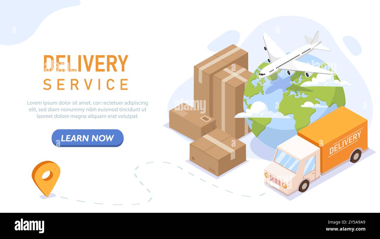 Delivery service isometric poster. Cardboard boxes, truck near planet ...