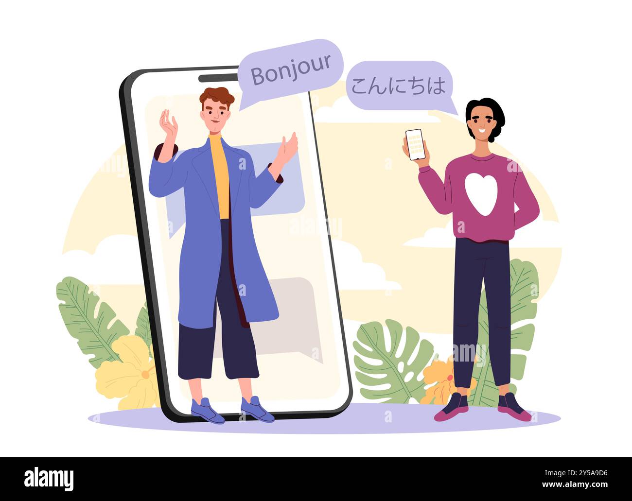 International communication online. Man on smartphone screen and woman ...