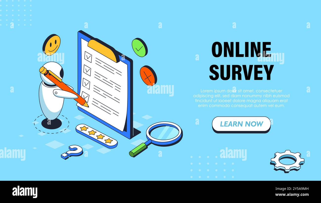 Isometric online survey poster. Bot with pencil near clipboard with ...