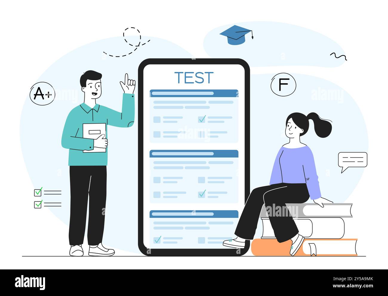 People with online test. Man and woman answer questions. Learning and ...