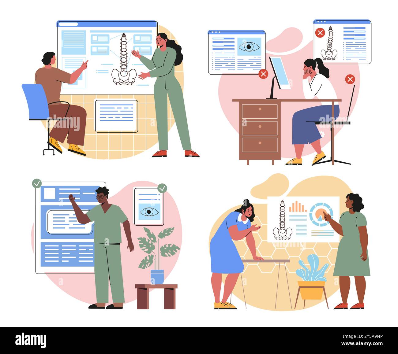 Posture correction set. Men and women with osteopaths. Healthcare and ...