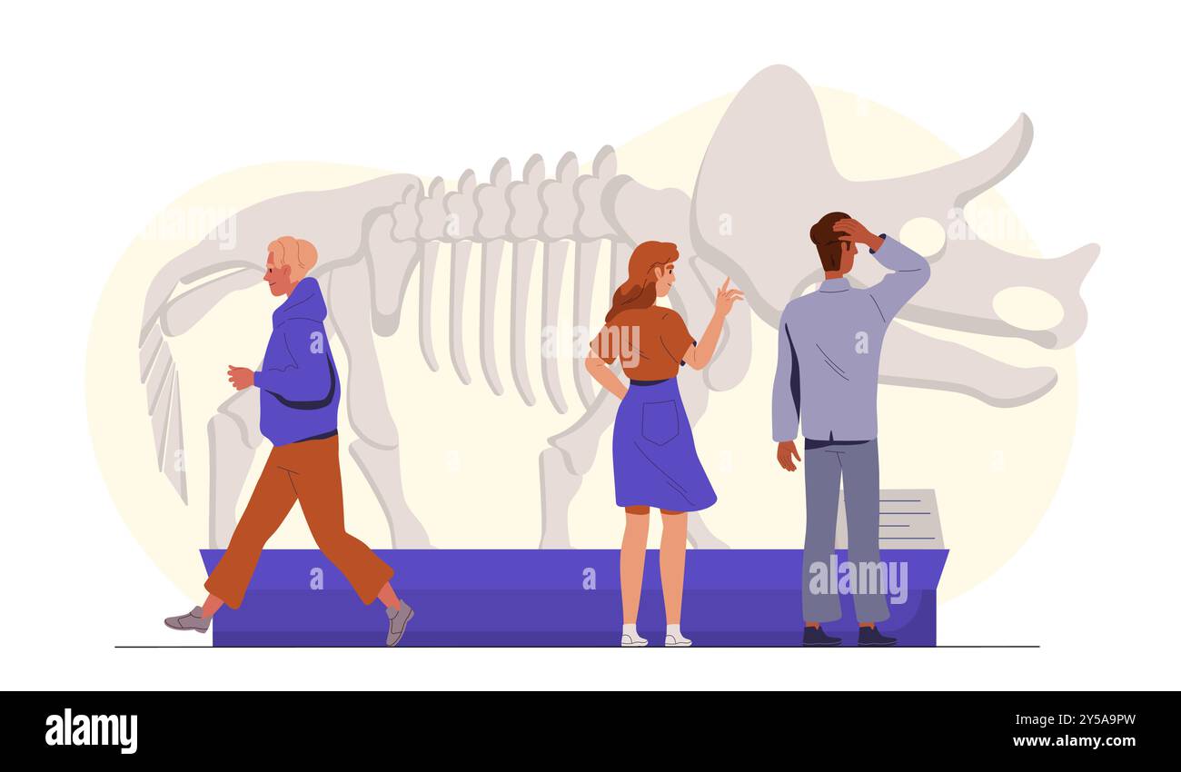 People in museum of history. Men and woman looking at remains of ...