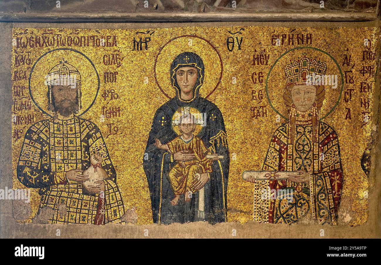 Mosaic of Emperor John II Comnenus, the Virgin Mary, and Empress Irene in Hagia Sophia, Istanbul ...