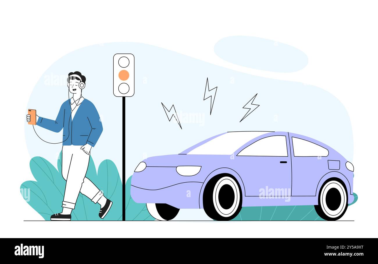 Not careful pedestrian. Young guy with player and headphones crossing ...