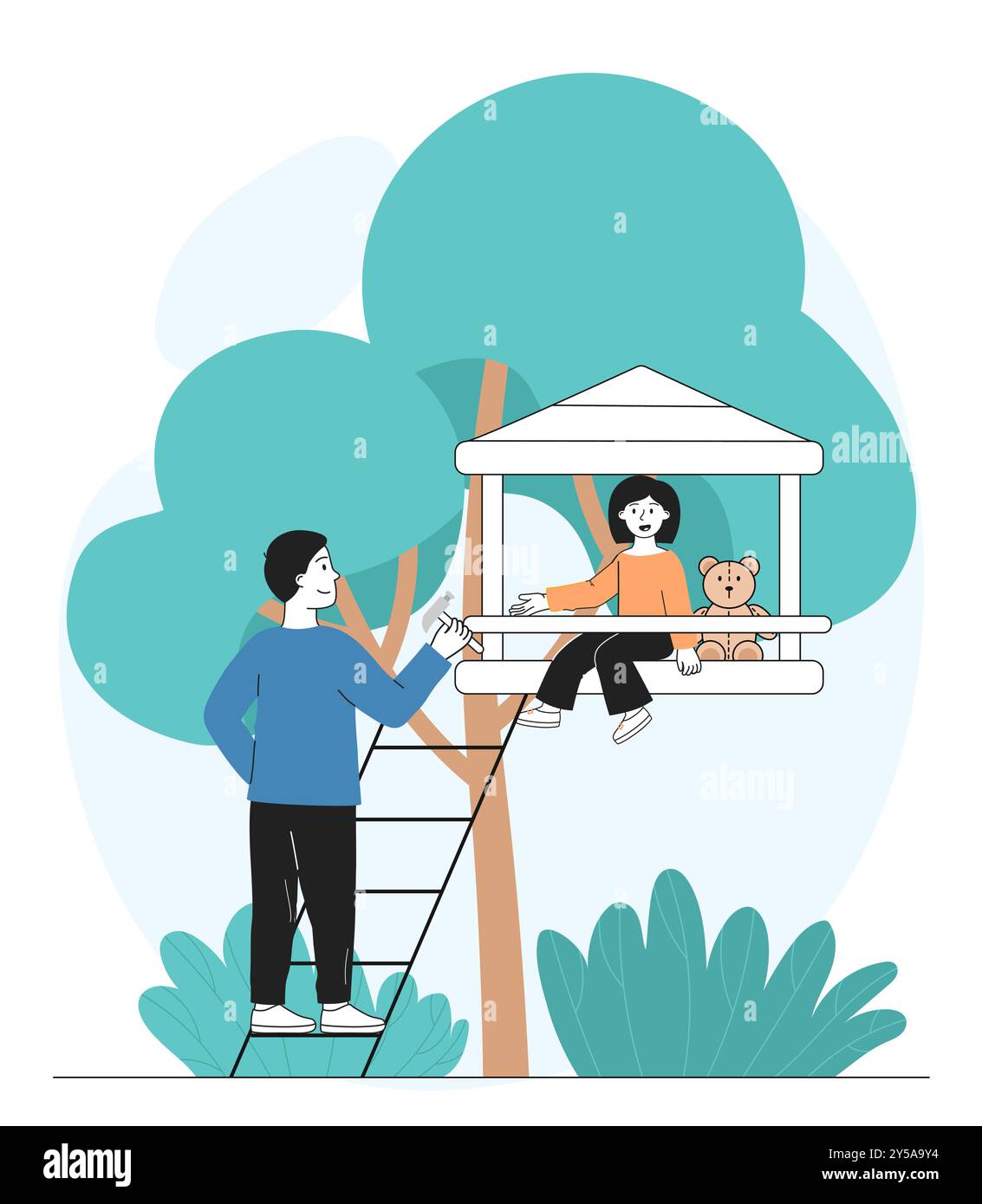 Girl in tree house. Man climbs up stairs to his daughter. Outdoors ...