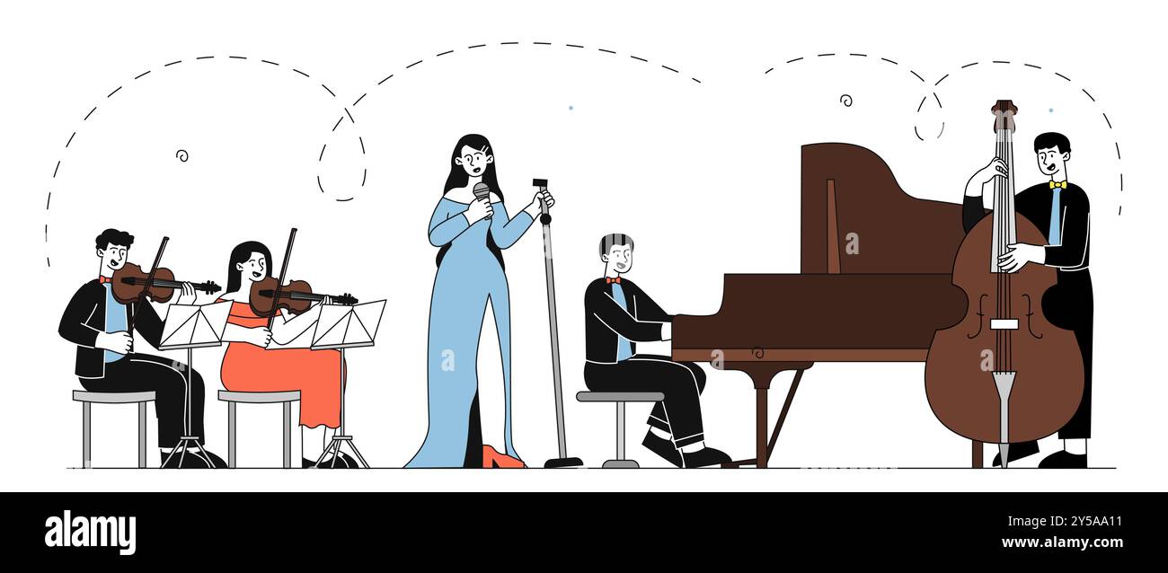 Musical orchestra performing. Men and women with musical instruments ...