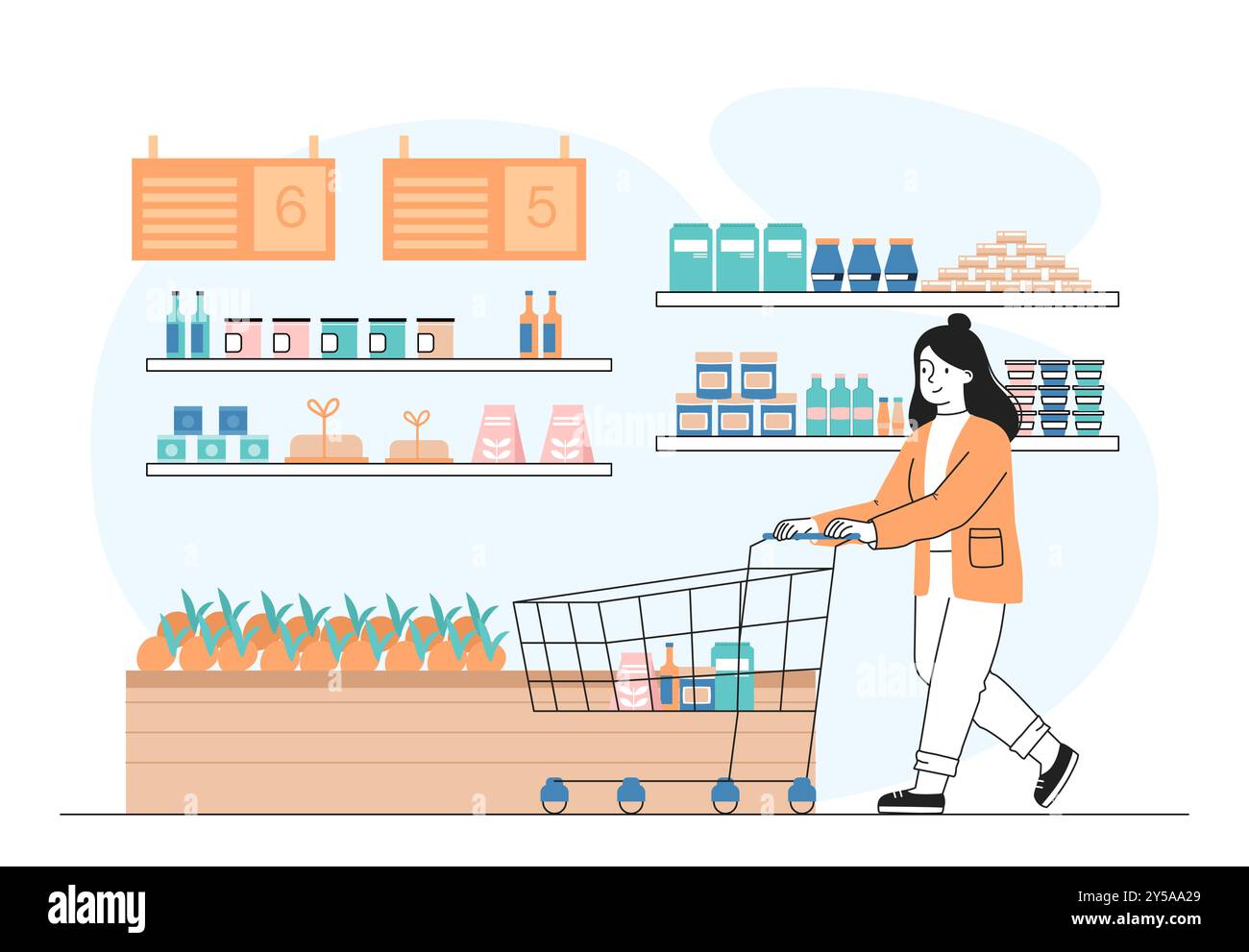 Woman buys groceries. Young girl with cart buying vegetables and fruits ...