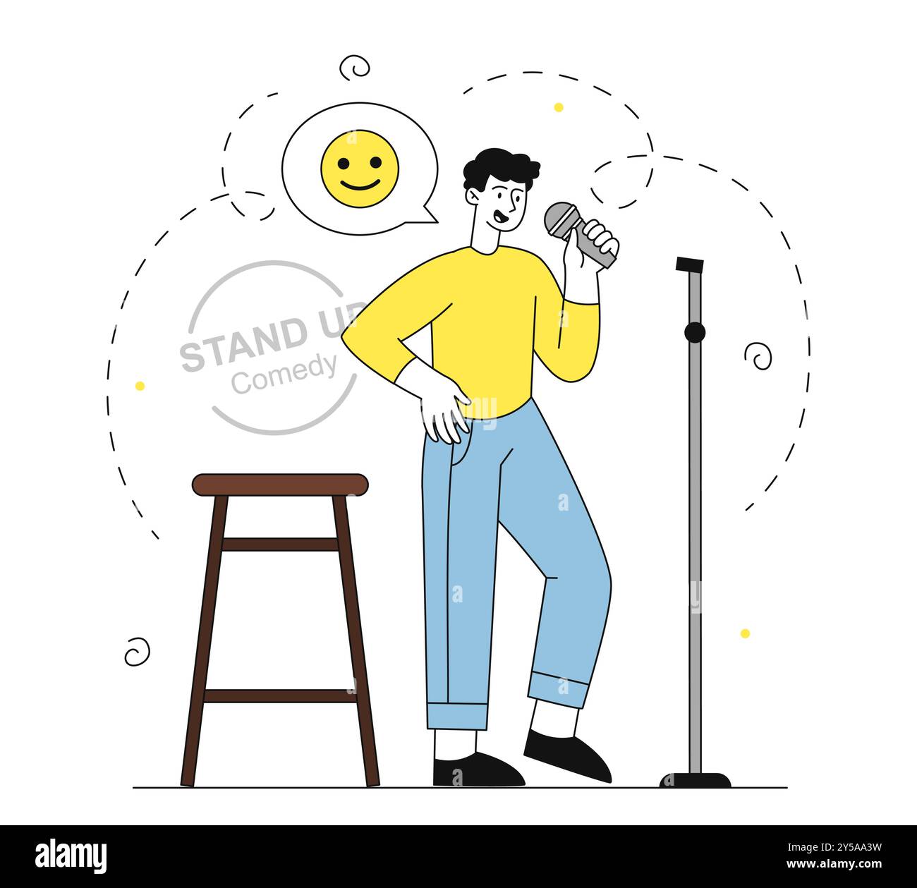 Stand up man. Young guy with microphone stands on stage and tells jokes ...