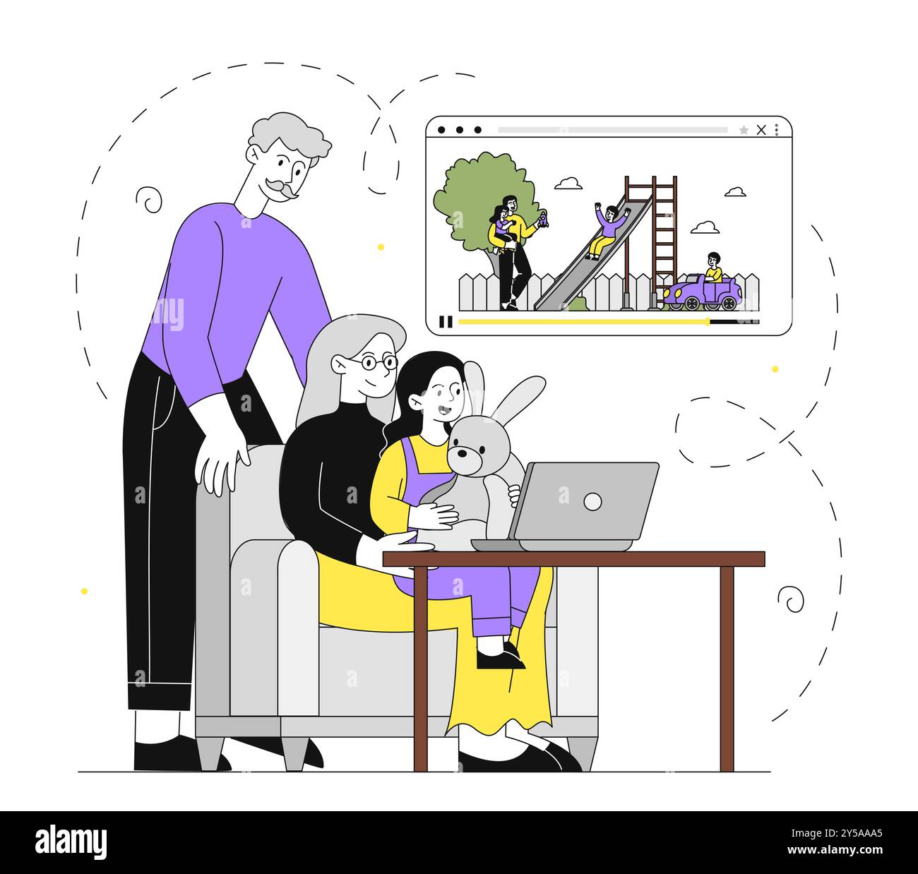 Grandparents with girl watching video. Elderly men and women with girl ...