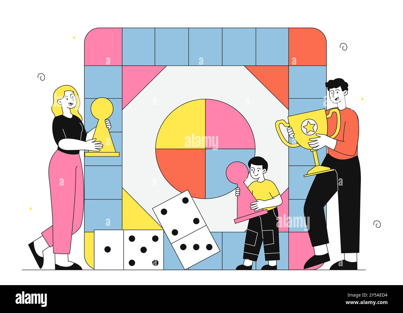 Family with board games. Man and woman with child near board with dice ...