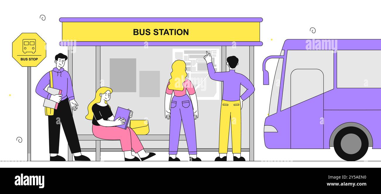 People at bus station. Men and women waiting for bus. Tourists with ...